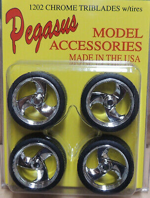 PEGASUS 1202 TRIBLADES RIMS WITH TIRES CHROME FOR 1/24 SCALE MODELS